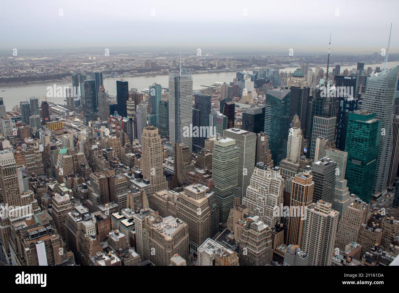 Aerial view of Manhattan in New York City showing the classic high rise ...