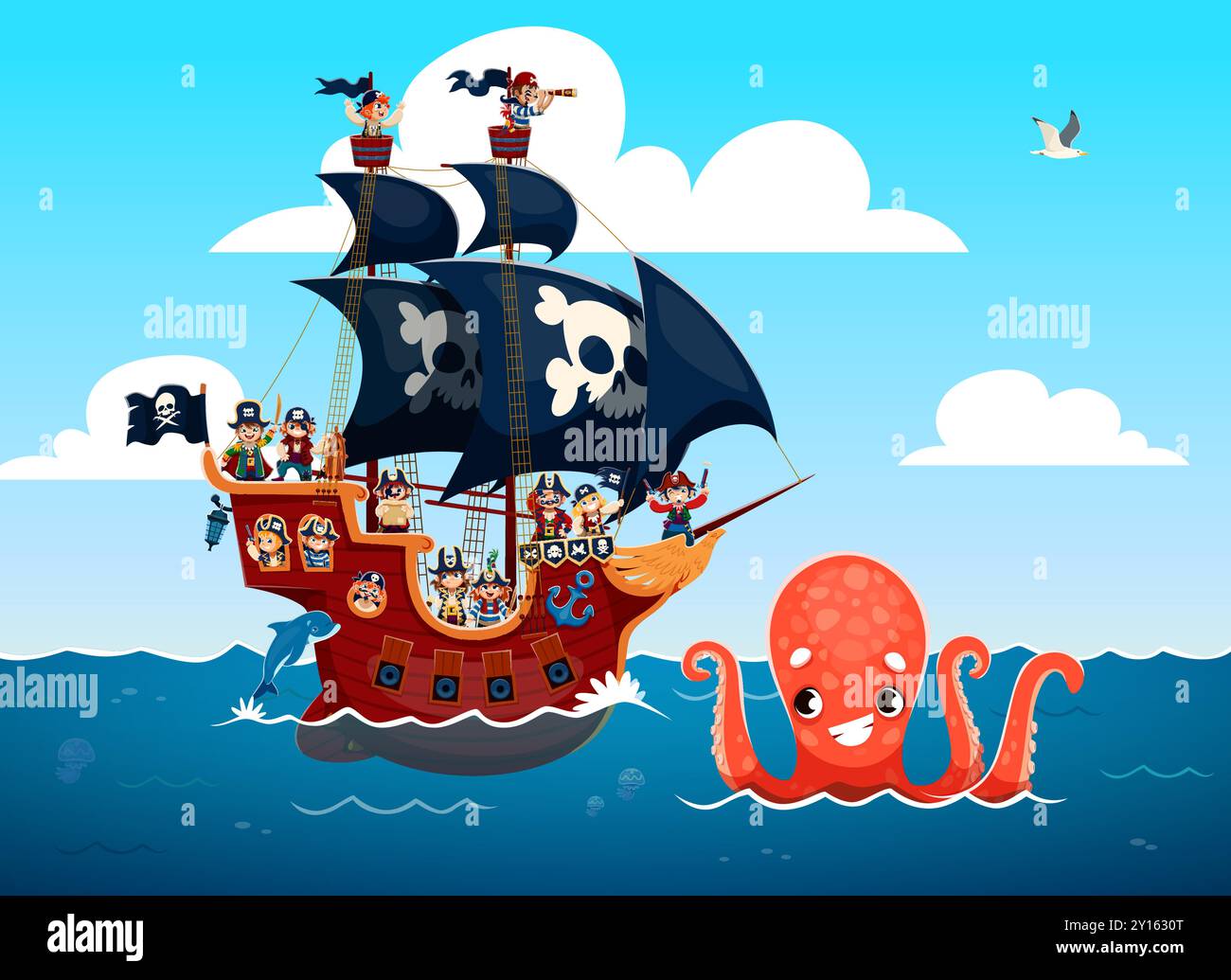 Pirate sail ship with kid sailors and giant octopus monster. Cartoon ...