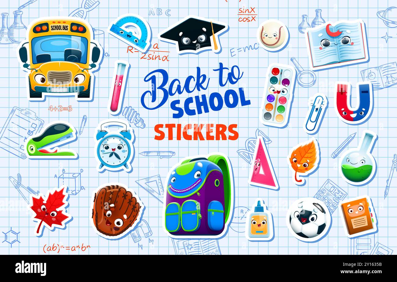 Cartoon school education stationery characters stickers, vector icons ...