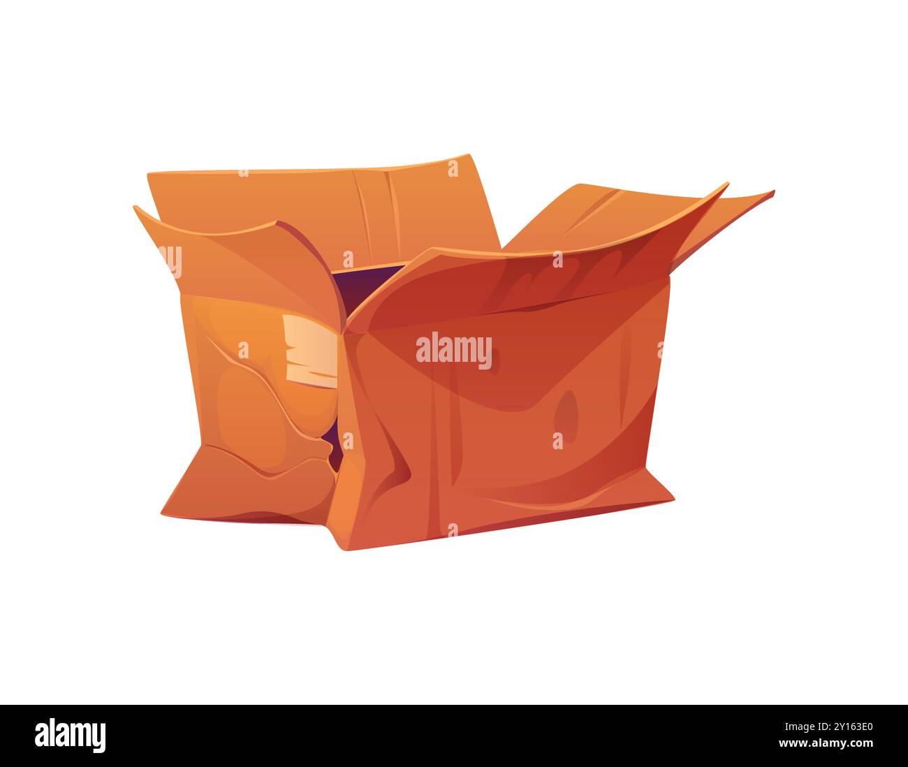 Broken, damaged and crumpled cargo cardboard box package, crushed and ...