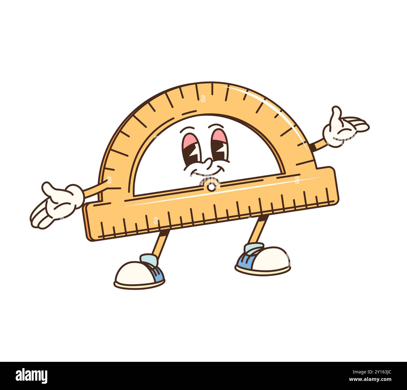 Cartoon groovy school protractor character. Retro ruler personage ...