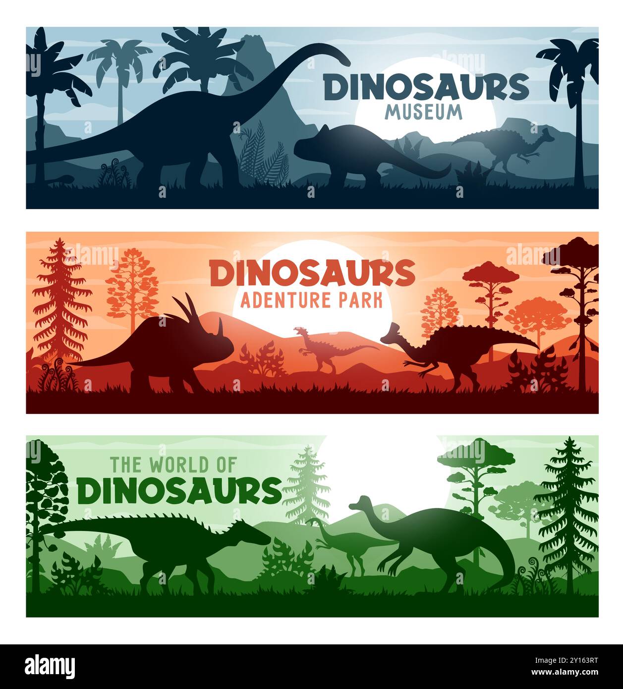 Prehistoric dinosaurs silhouettes, horizontal banners. Vector ...