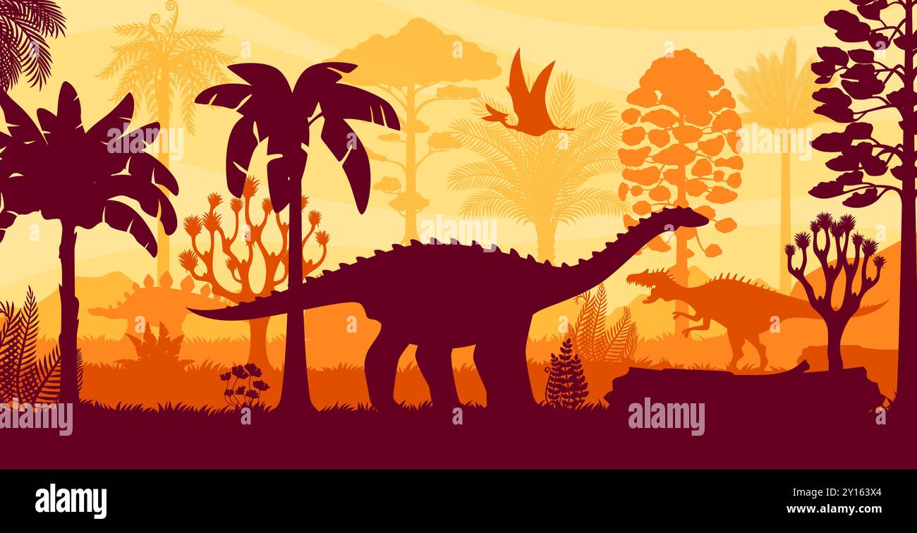 Prehistoric dinosaurs silhouettes in tropical jungle forest and vibrant ...