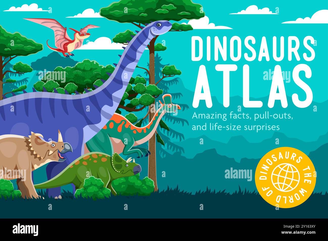 Cartoon prehistoric dinosaur characters for atlas book cover or ...