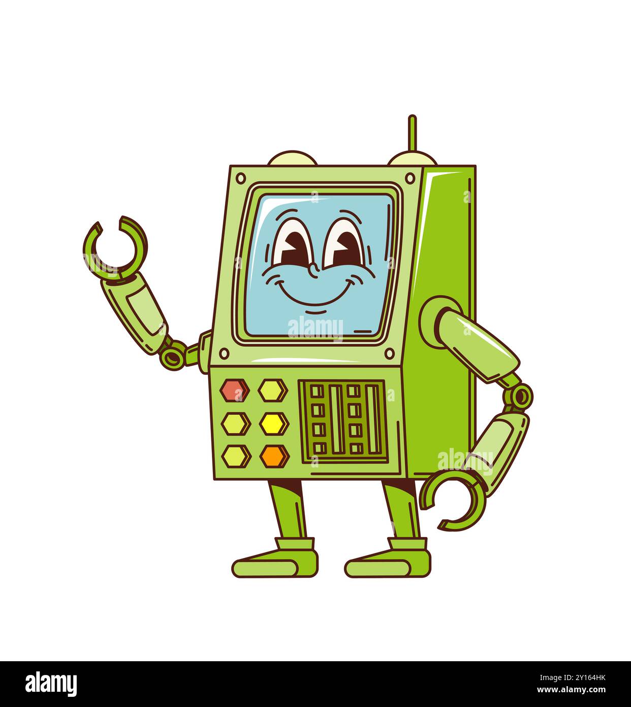 Cartoon retro groovy robot character with screen face, vector comic ...