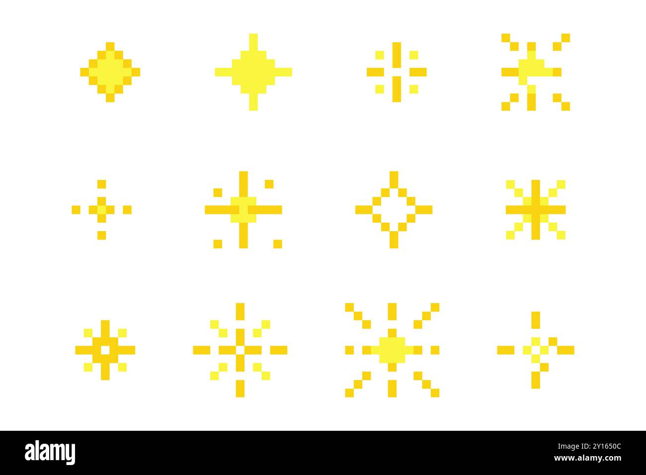 Pixel star retro 8 bit sparkle set. Shiny game pixel art effect set ...