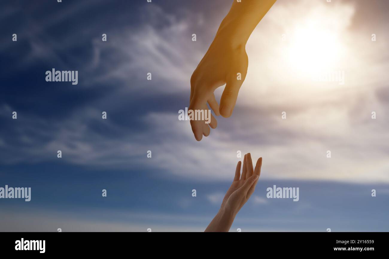 God's help and support. Human reaching for hand from heaven Stock Photo ...