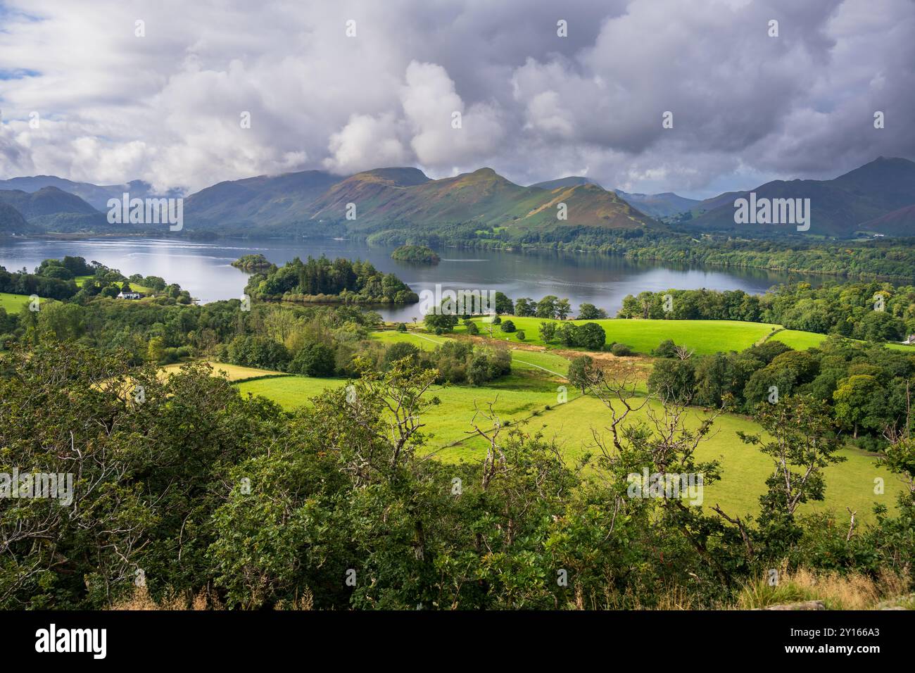 The scene from the rocky viewpoint at Castlehead across Derwentwater ...