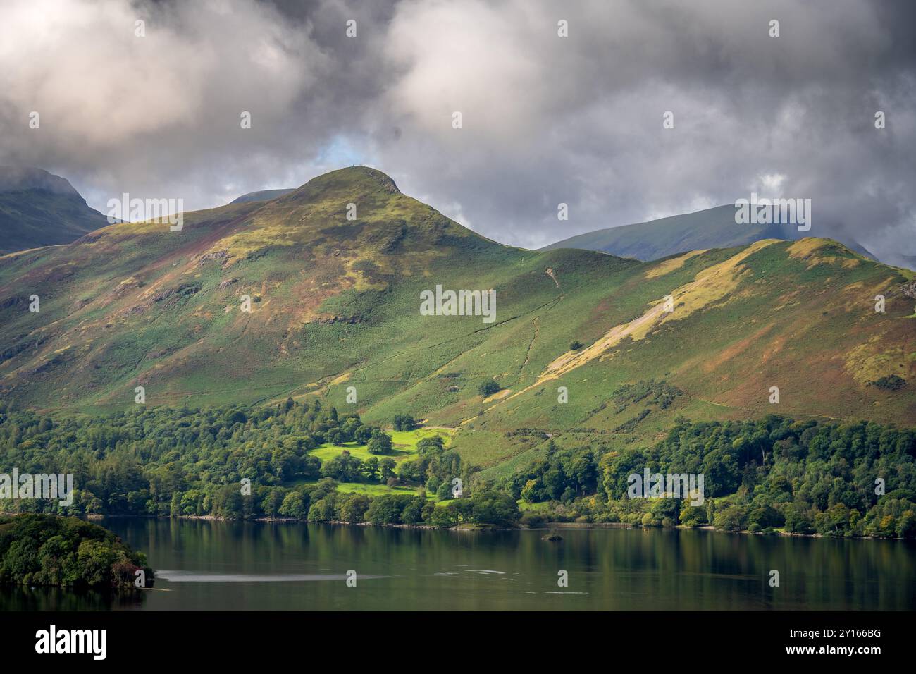 The rocky viewpoint at Castlehead across Derwentwater near Keswick with ...