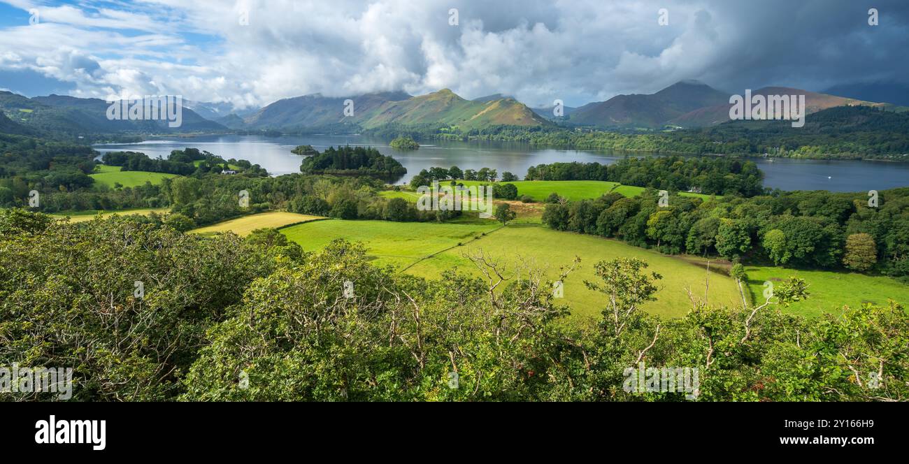 The rocky viewpoint at Castlehead across Derwentwater near Keswick with ...