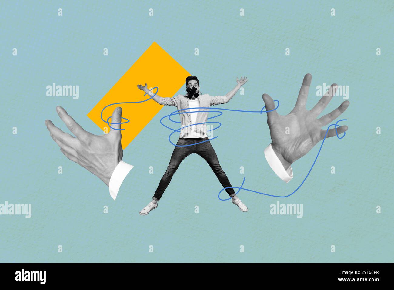 Creative trend collage of scared little man puppet doll victim ...