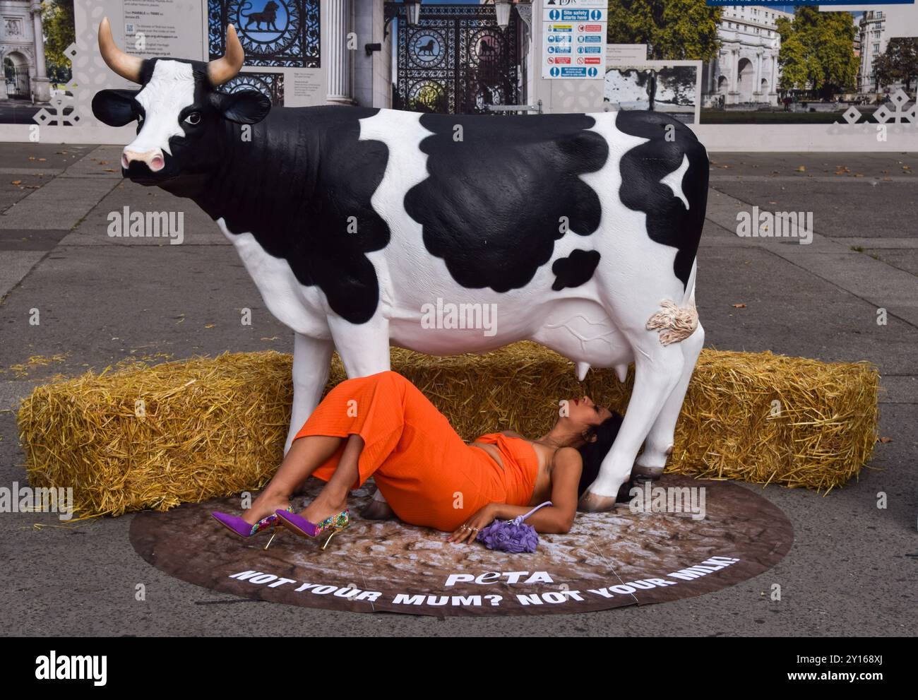 London, UK. 4th September 2024. An elegantly-dressed PETA activist ...
