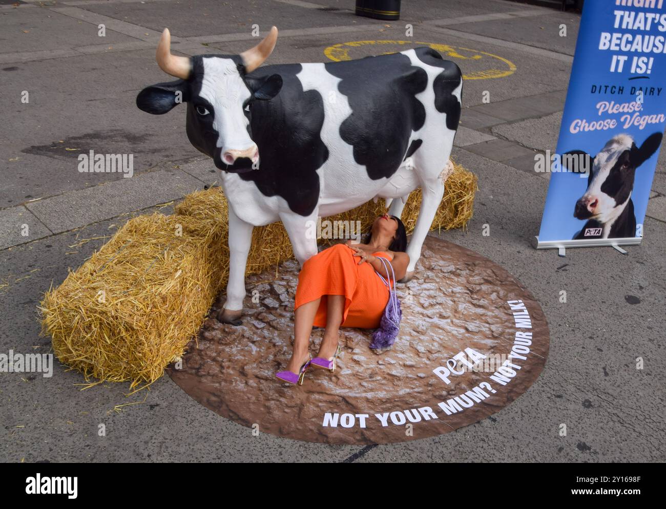 London, UK. 4th September 2024. An elegantly-dressed PETA activist ...