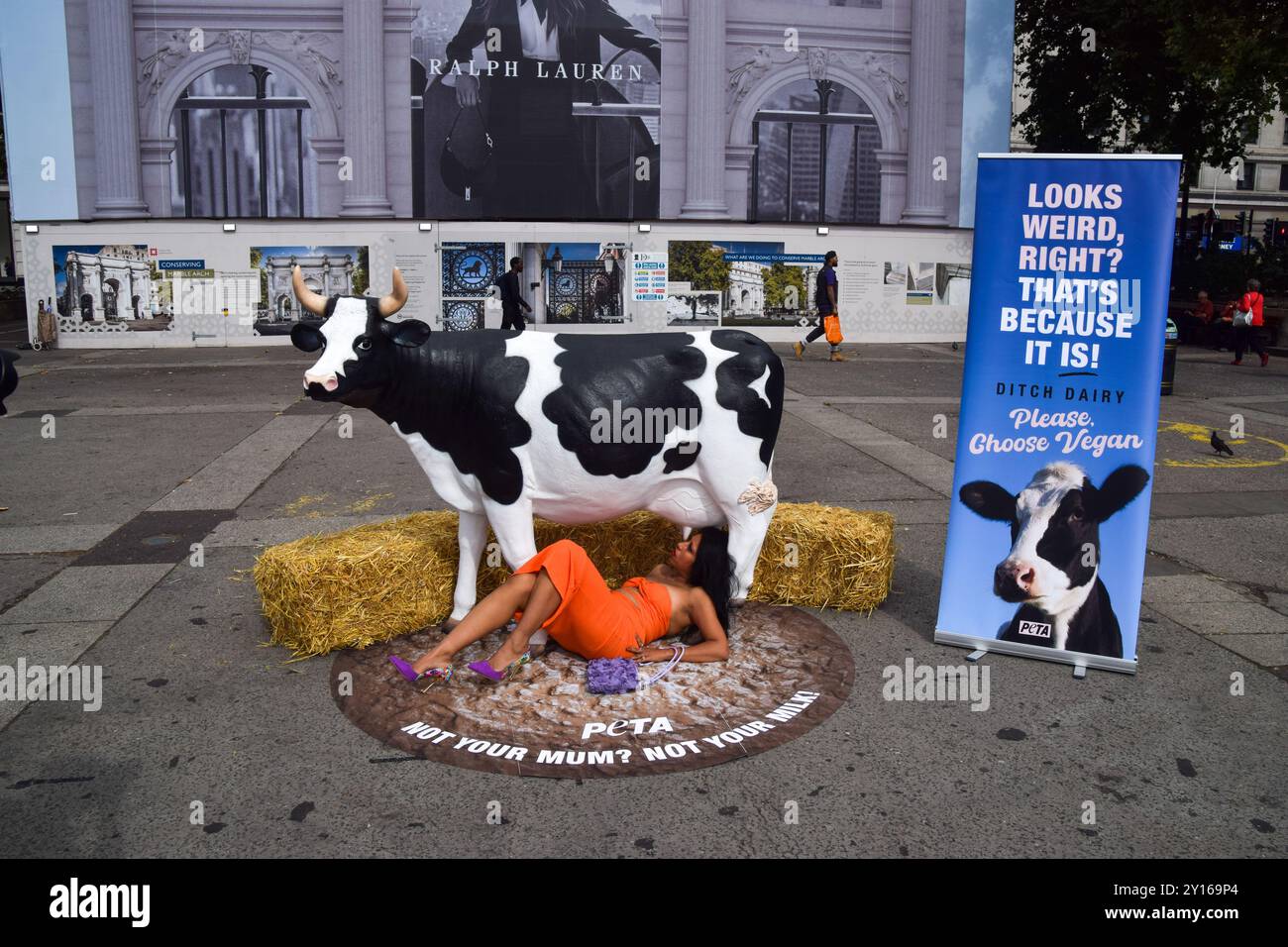 London, UK. 4th September 2024. An elegantly-dressed PETA activist ...