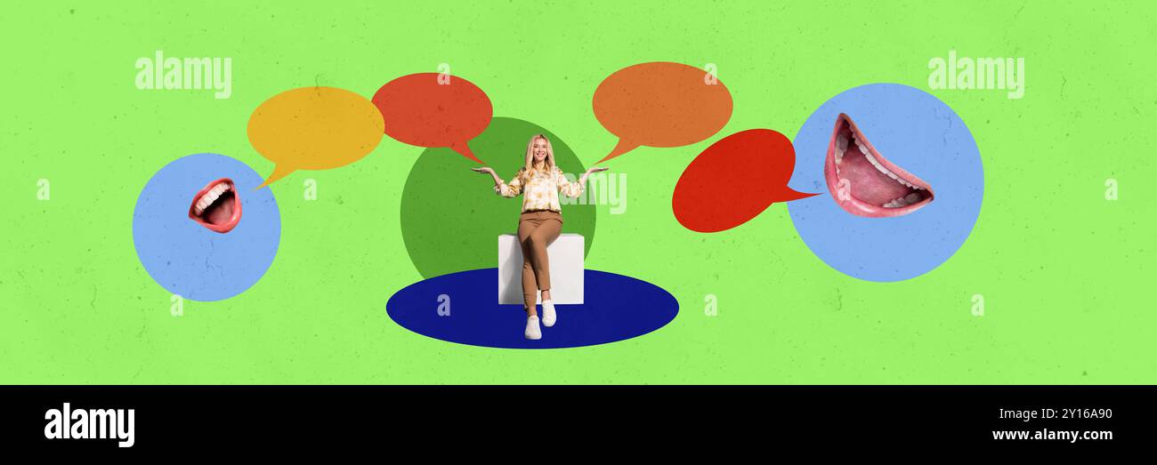 Composite panoramic collage of happy girl show colorful text box mouths ...