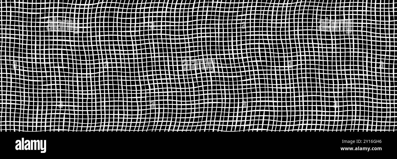 White hand drawn grid on black bg as a seamless pattern. Burlap fabric ...