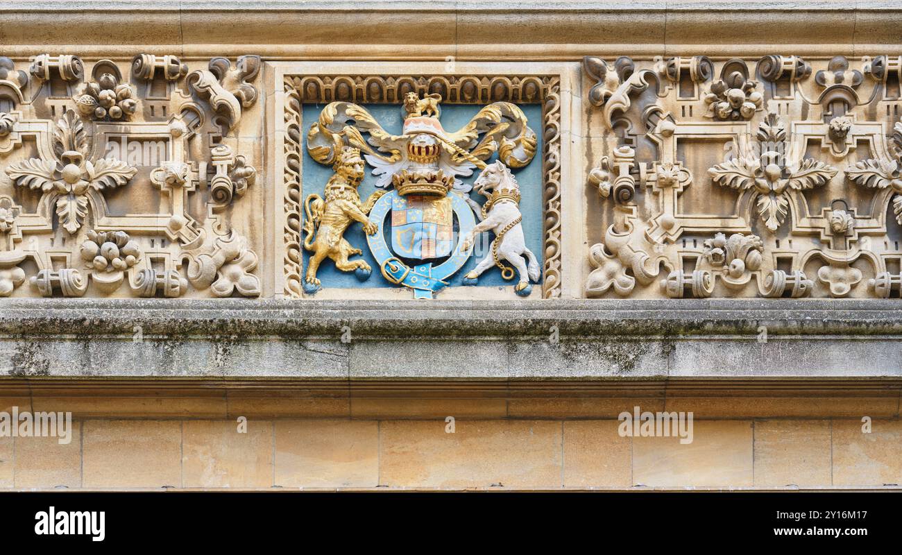 Royal badge on a wall of the Old Library, part of the Bodleian Library ...