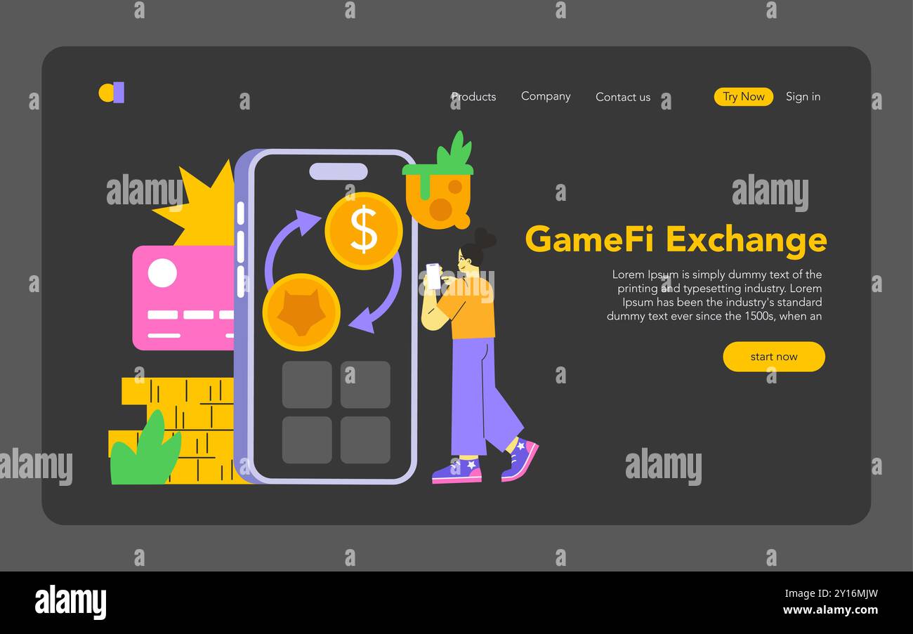 GameFi concept. A person interacts with a digital exchange platform ...