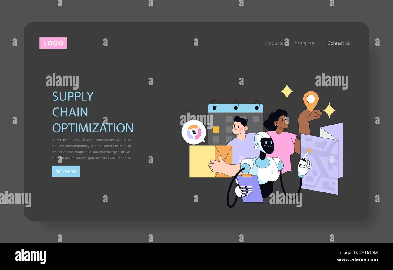 Supply Chain Optimization concept. Streamlining logistics with AI and teamwork. Vector ...