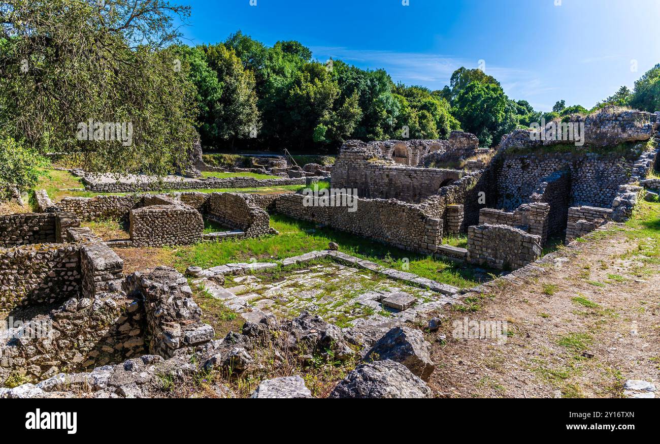 A view from the Roman amphitheatre across the ancient ruins at Butrint ...