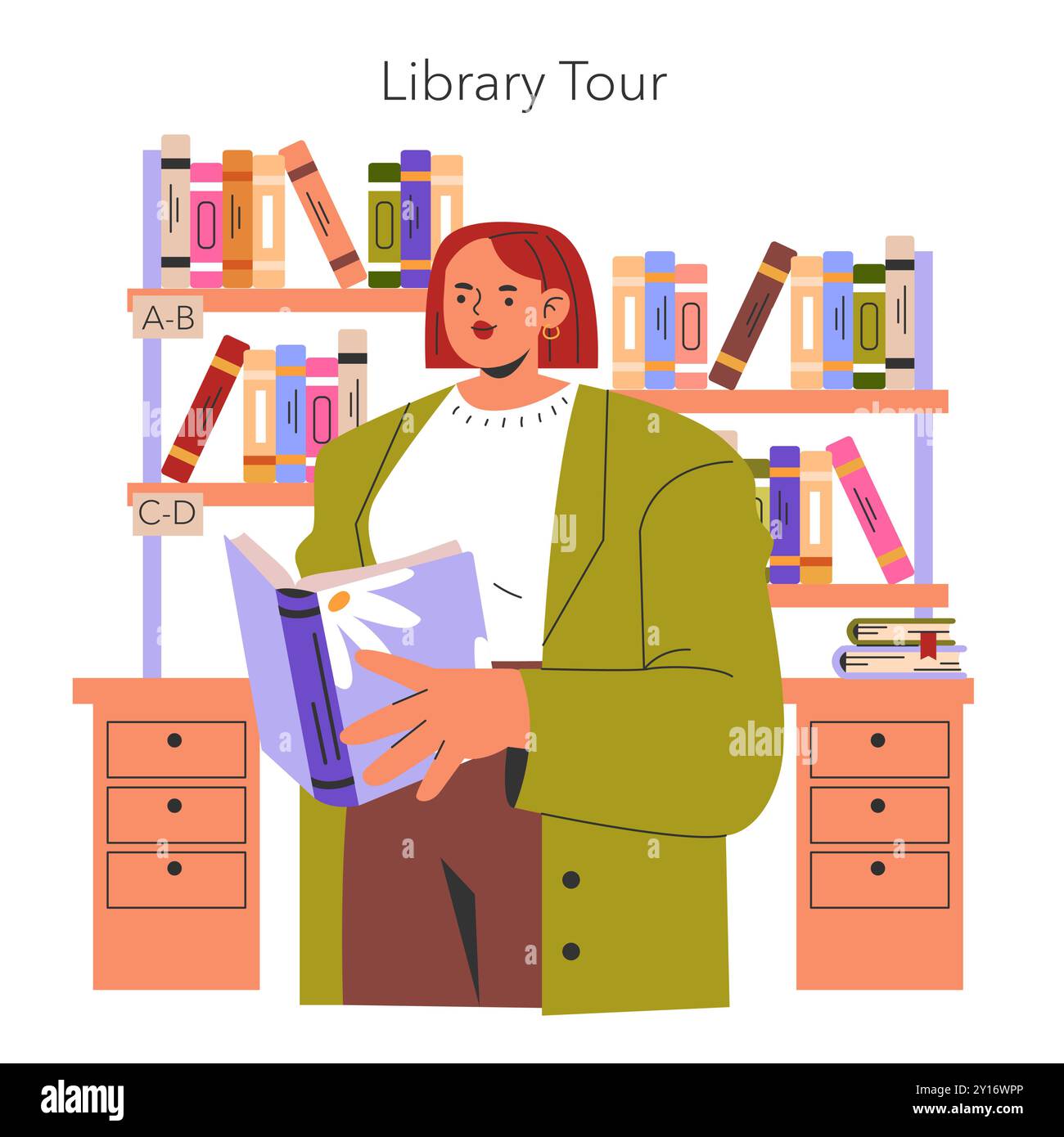Freshman Year concept. A student explores the library during ...