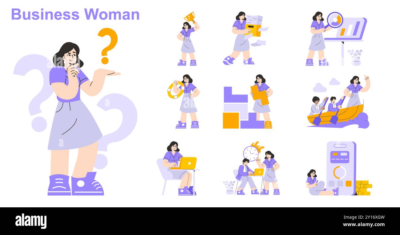 Businesswoman set. Female professional in various work scenarios and ...