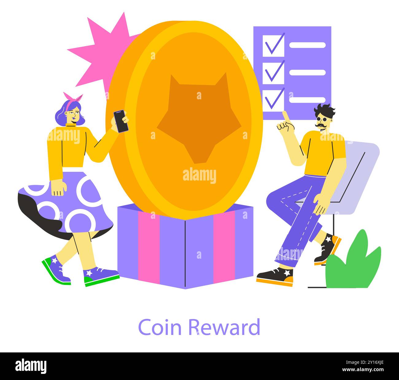 GameFi concept. Characters engage with a giant coin reward ...