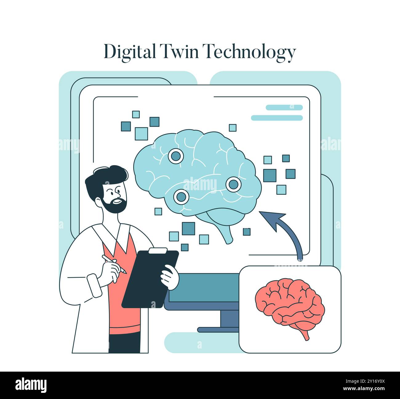 Digital Twin Technology concept. Scientist analyzes a simulated brain ...