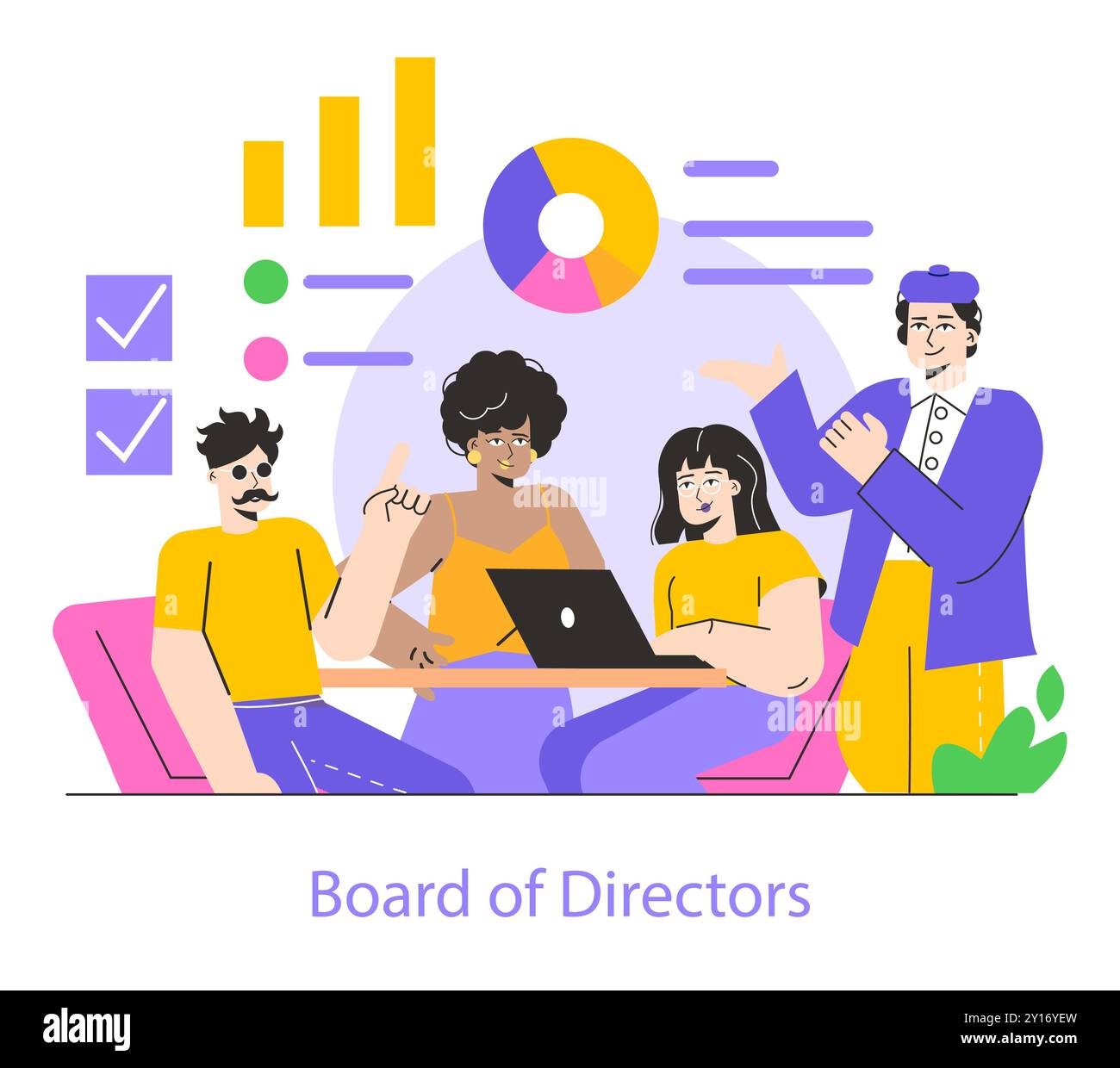 Corporate team meeting illustration. Diverse board of directors analyzing graphs during a ...