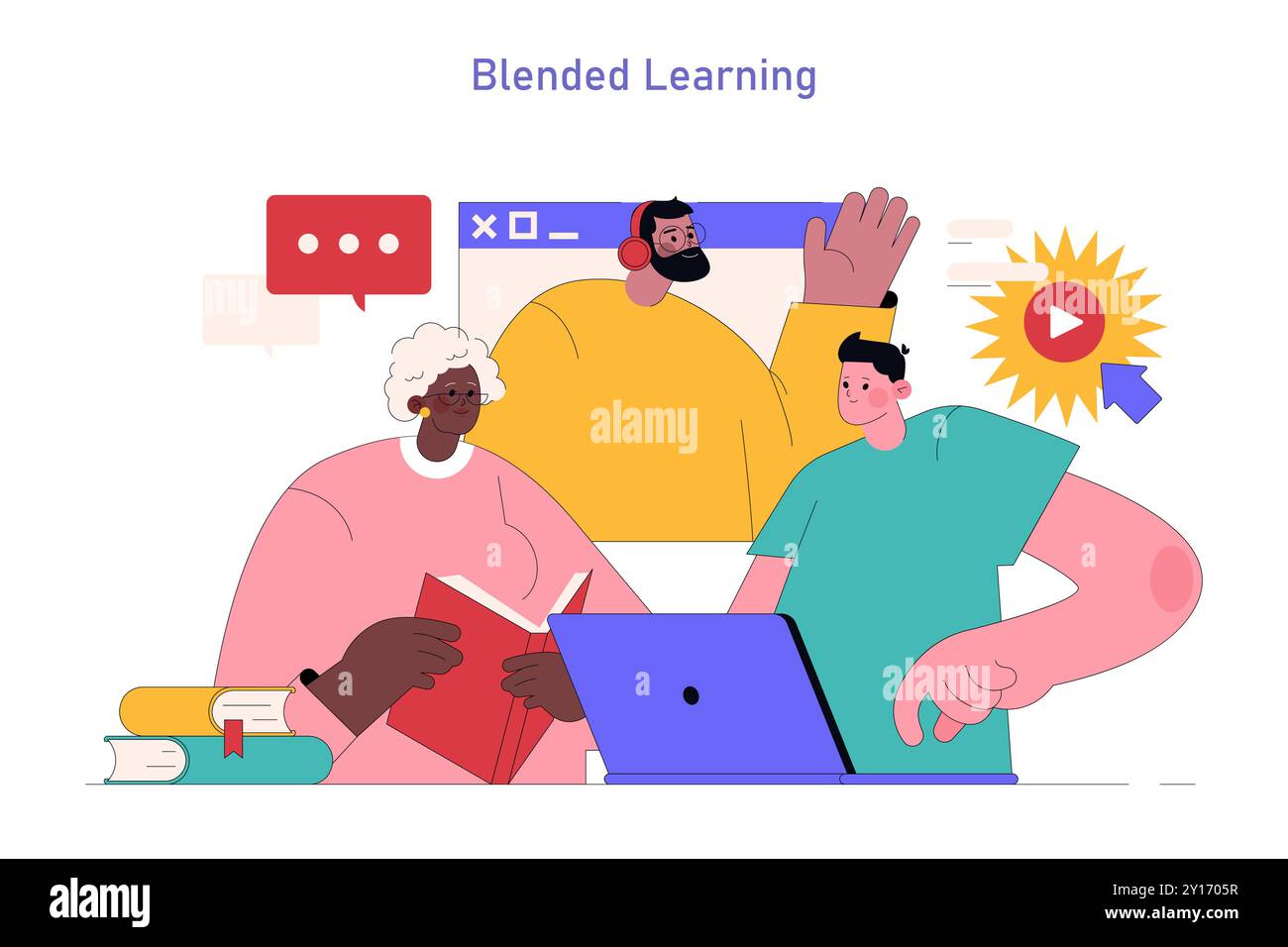 Blended Learning concept. Multigenerational group engaged in mixed digital and traditional ...