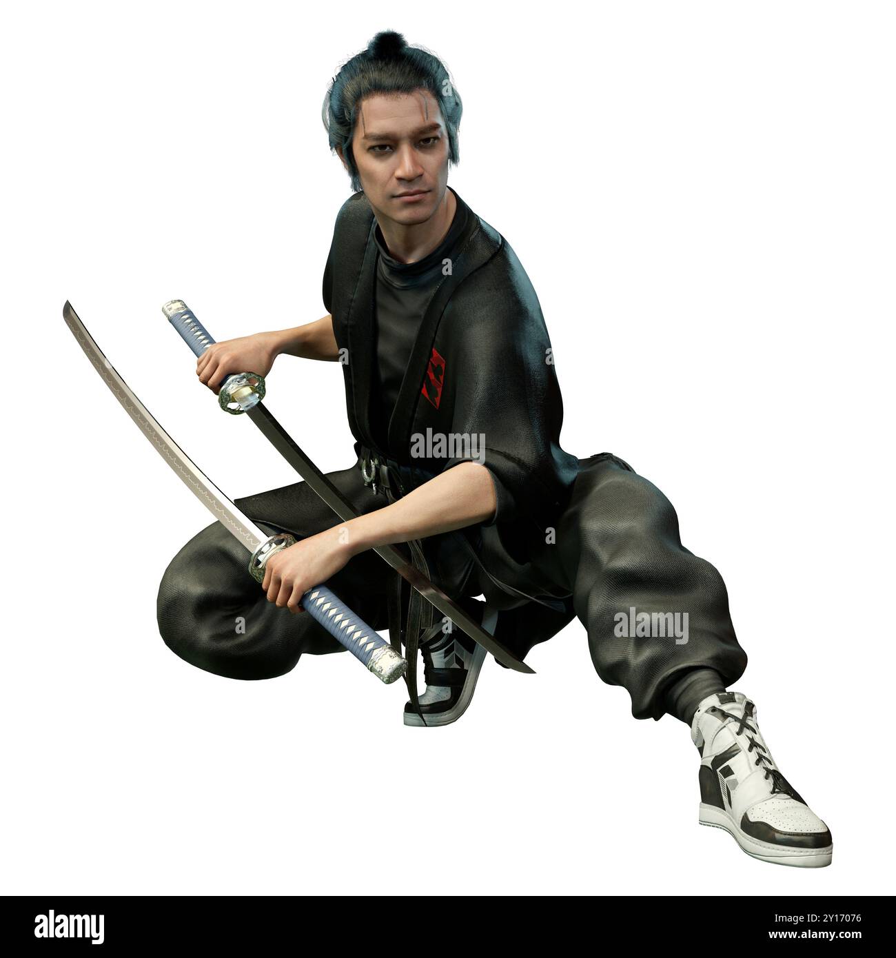 3D rendering of an Asian modern samurai holding katanas isolated on ...