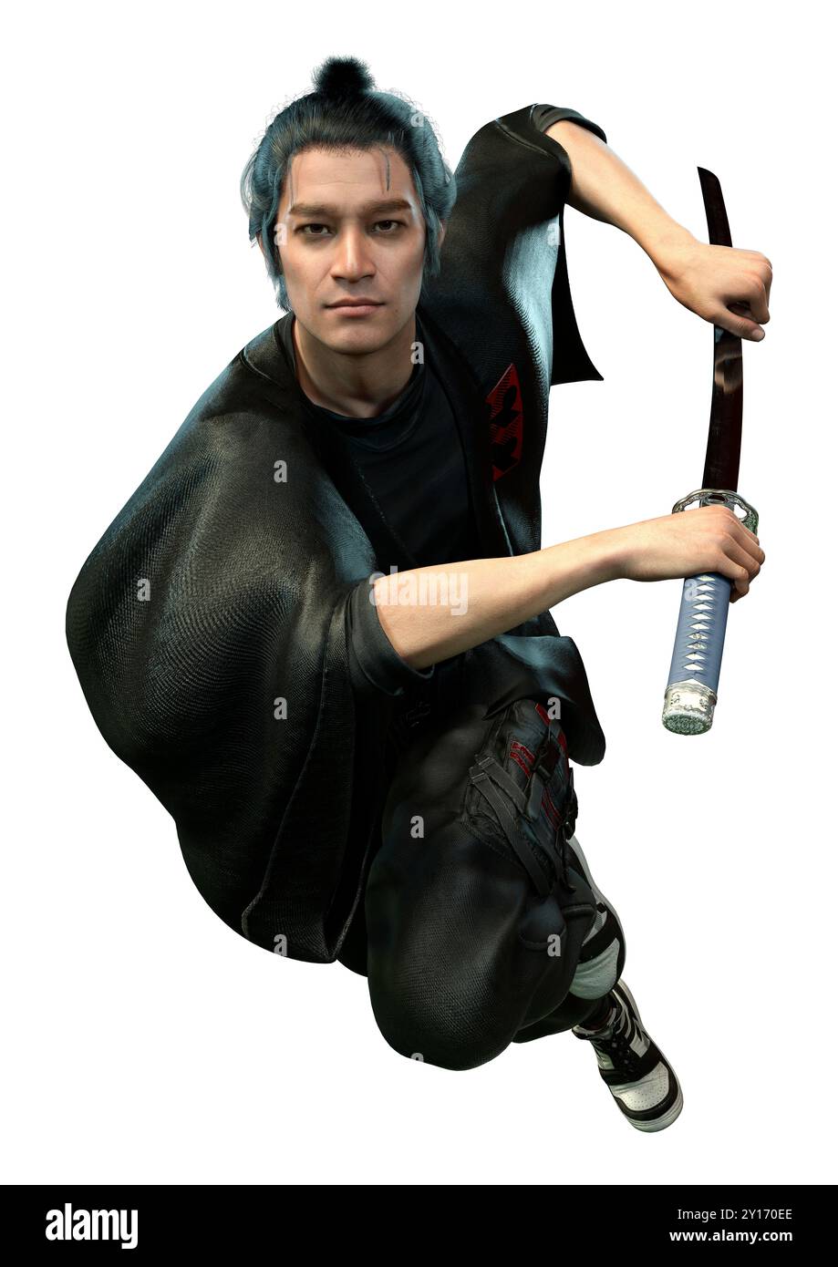 3D rendering of an Asian modern samurai holding a katana isolated on ...