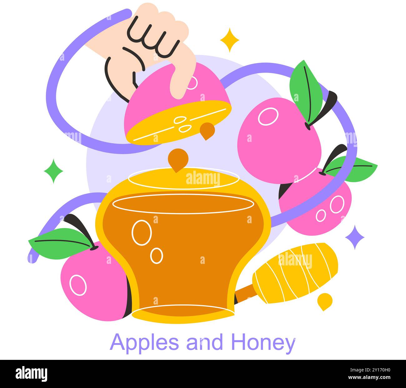 Rosh Hashanah concept. Jewish New Year celebration, featuring sweet apples, honey pot, and ...