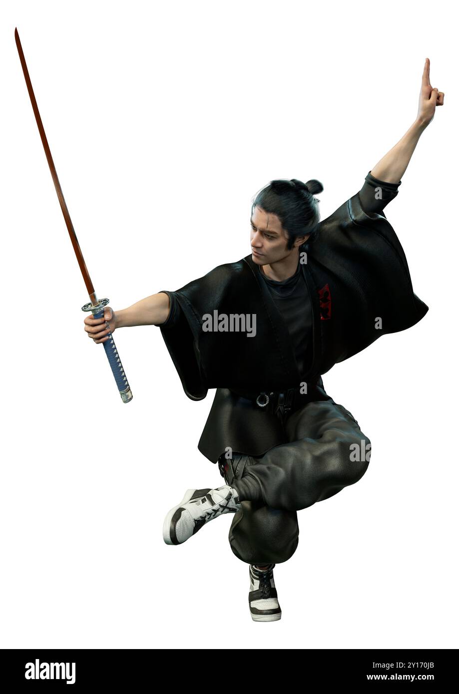3D rendering of an Asian modern samurai holding a katana isolated on ...