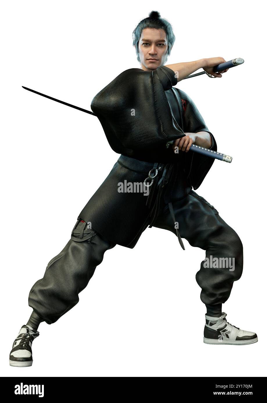 3D rendering of an Asian modern samurai holding katanas isolated on ...