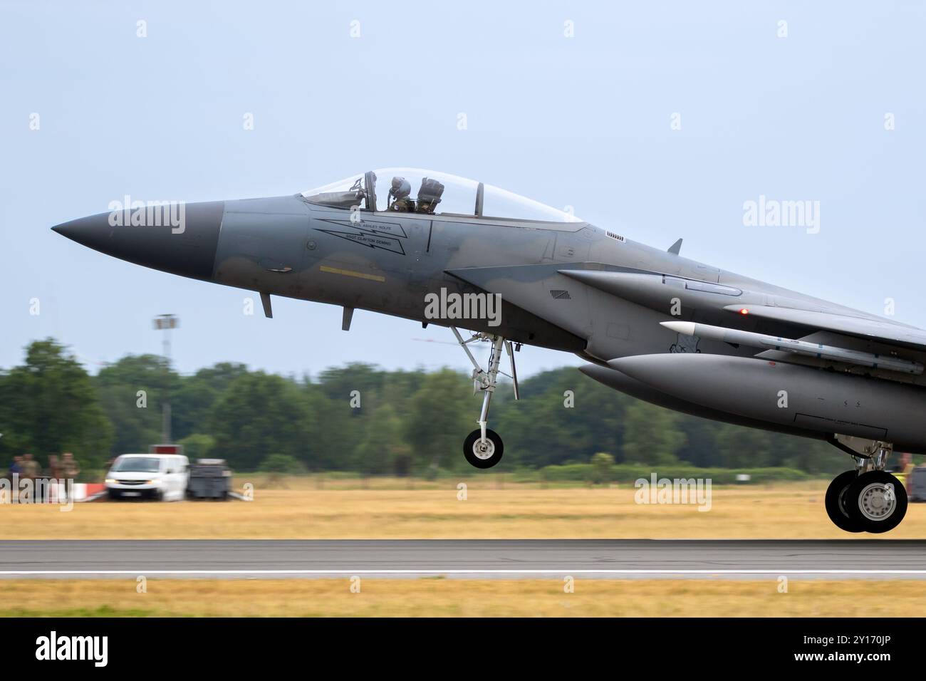 US Air Force F-15C Eagle fighter jet from Massachusetts Air National Guard taking off from ...