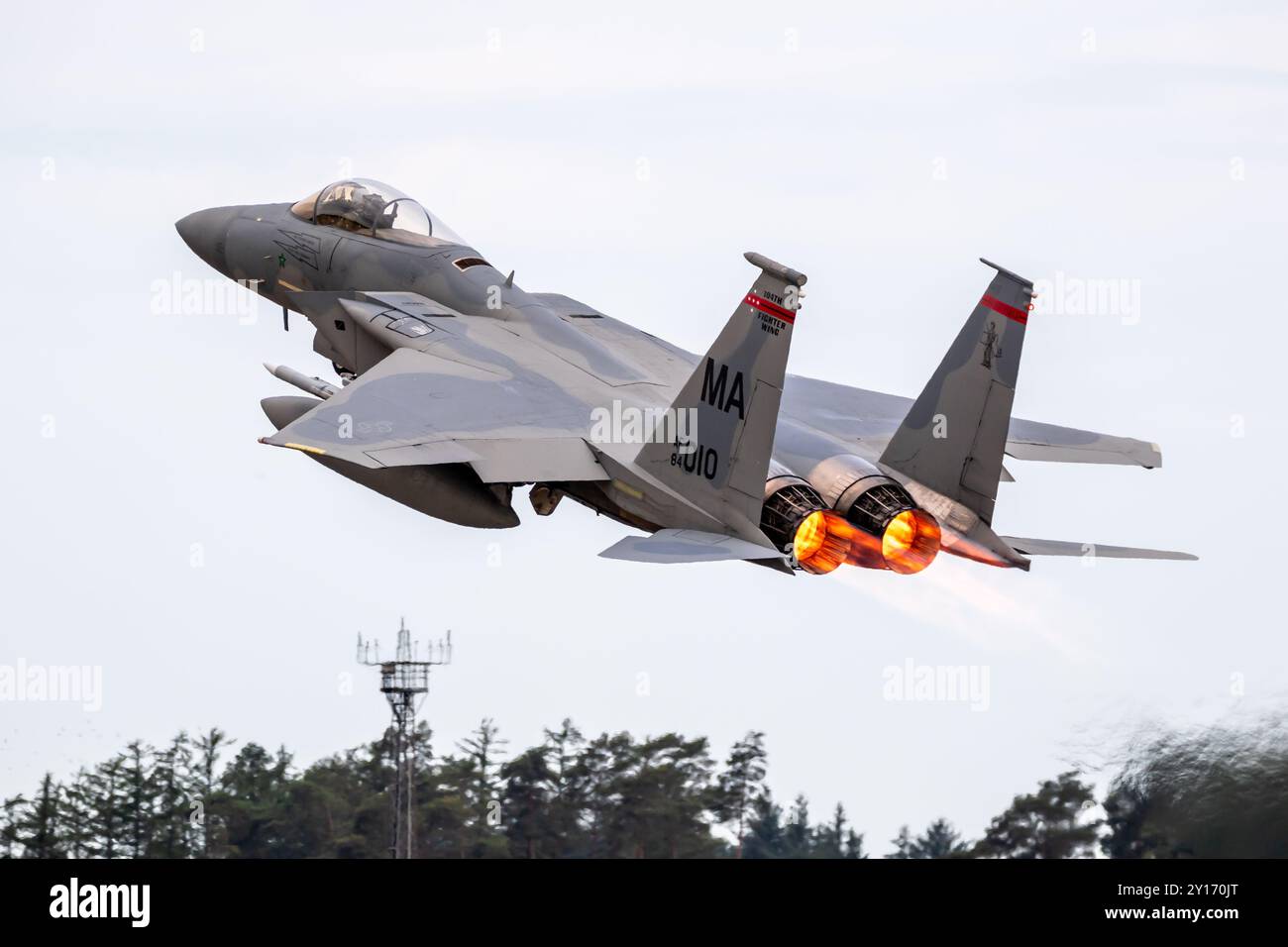 US Air Force F-15C Eagle fighter jet from 104th Fighter Wing taking off from Hohn Airbase during ...