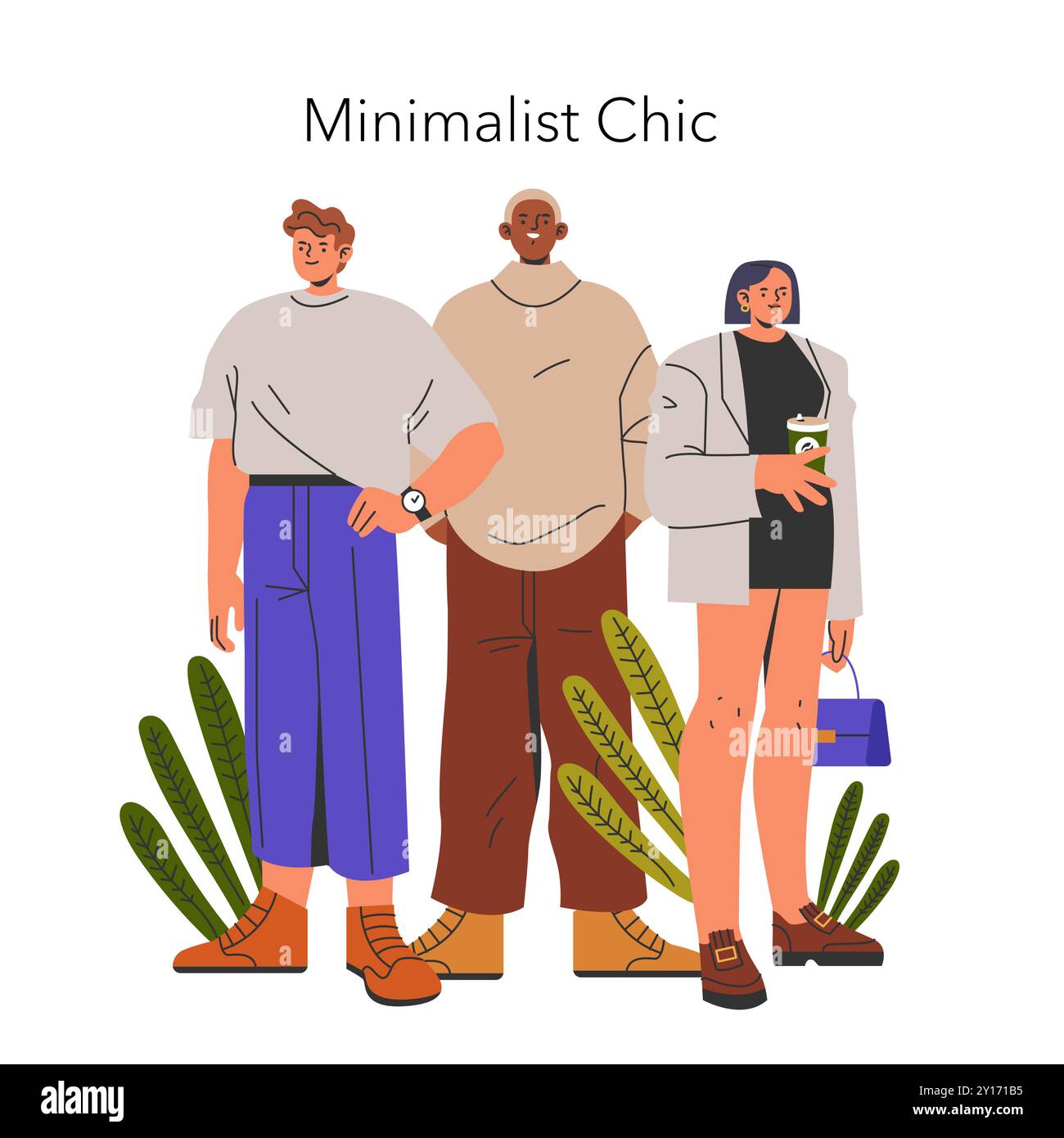 Minimalist Chic concept. Three individuals showcasing contemporary ...