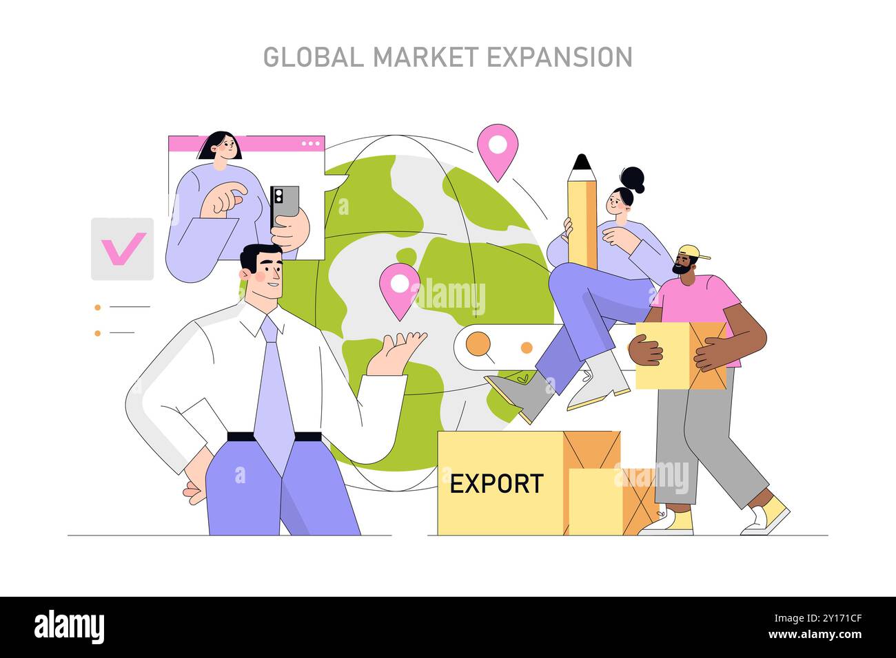 Global Market Expansion concept. Business professionals engaged in international trade and ...