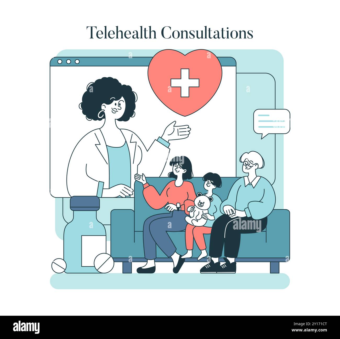 Telehealth Consultations concept. Family receives medical advice online ...