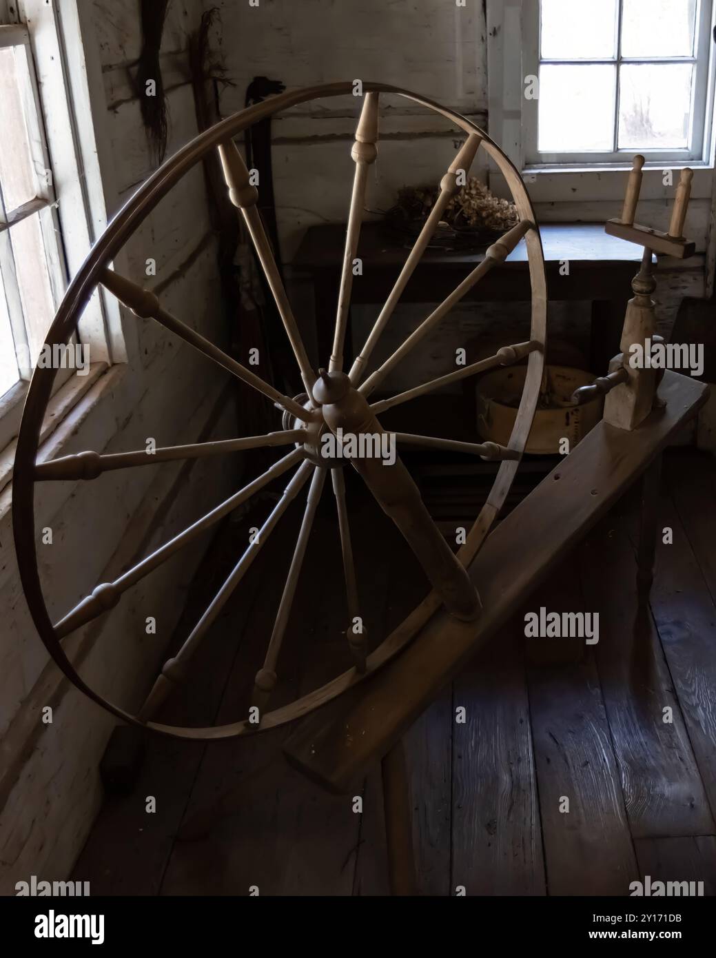 Traditional Spinning Wheel Loom in 1800s Log Cabin with Historically ...