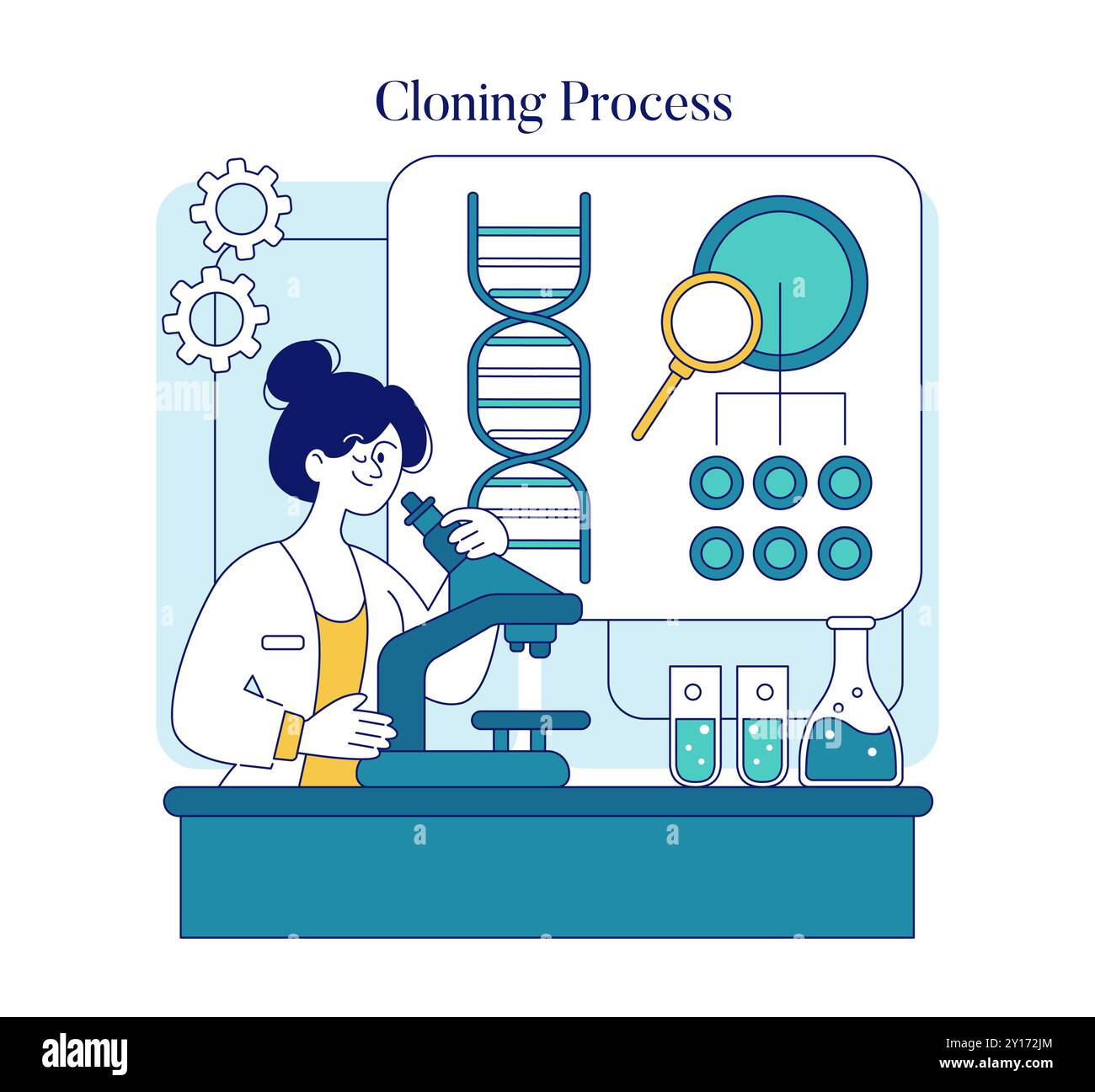 Biotechnology concept. A scientist works on the cloning process with DNA strands, microscope ...
