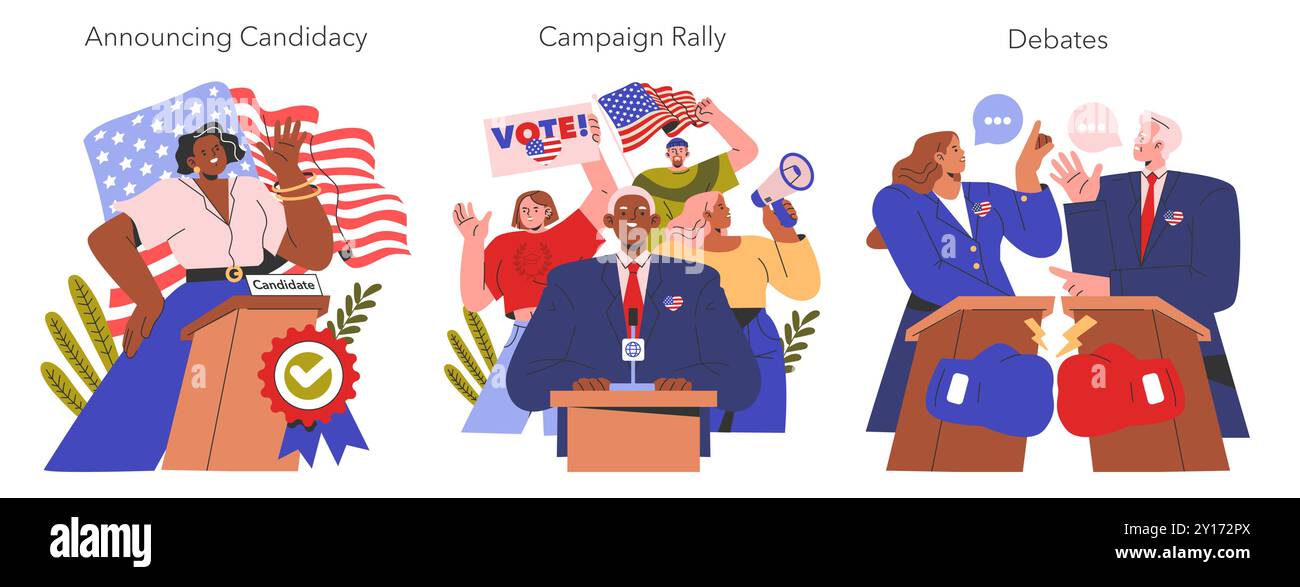 Election Race set. Political process stages from announcing candidacy ...