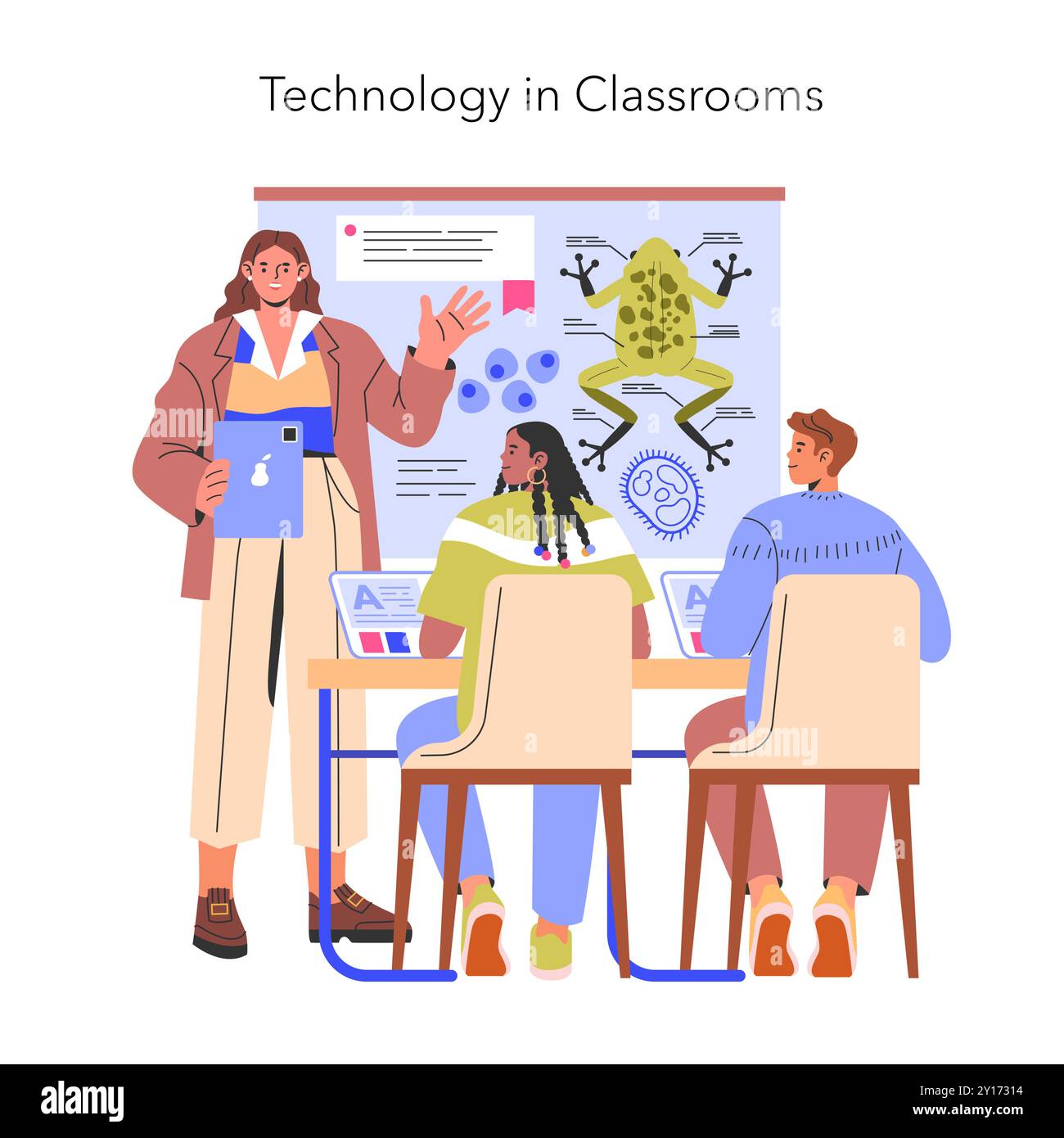 Technology in Classrooms concept. A teacher using digital tools to ...