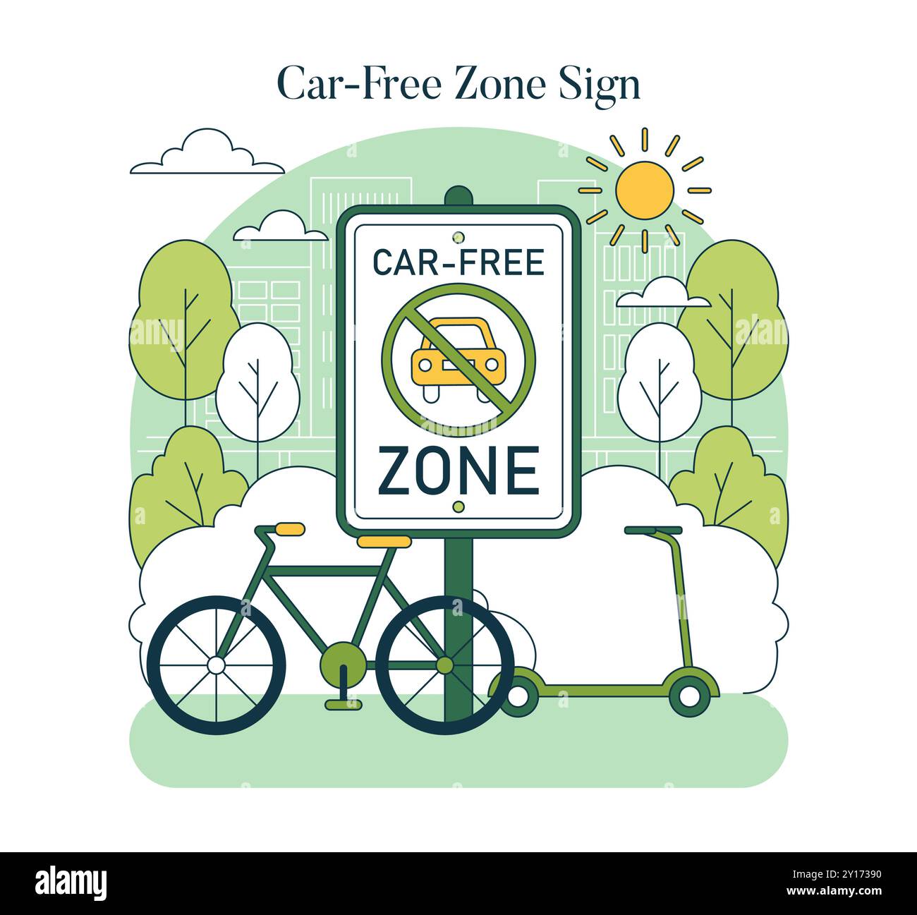 Car-Free Zone concept. Sign indicating a car-free area with bicycles ...