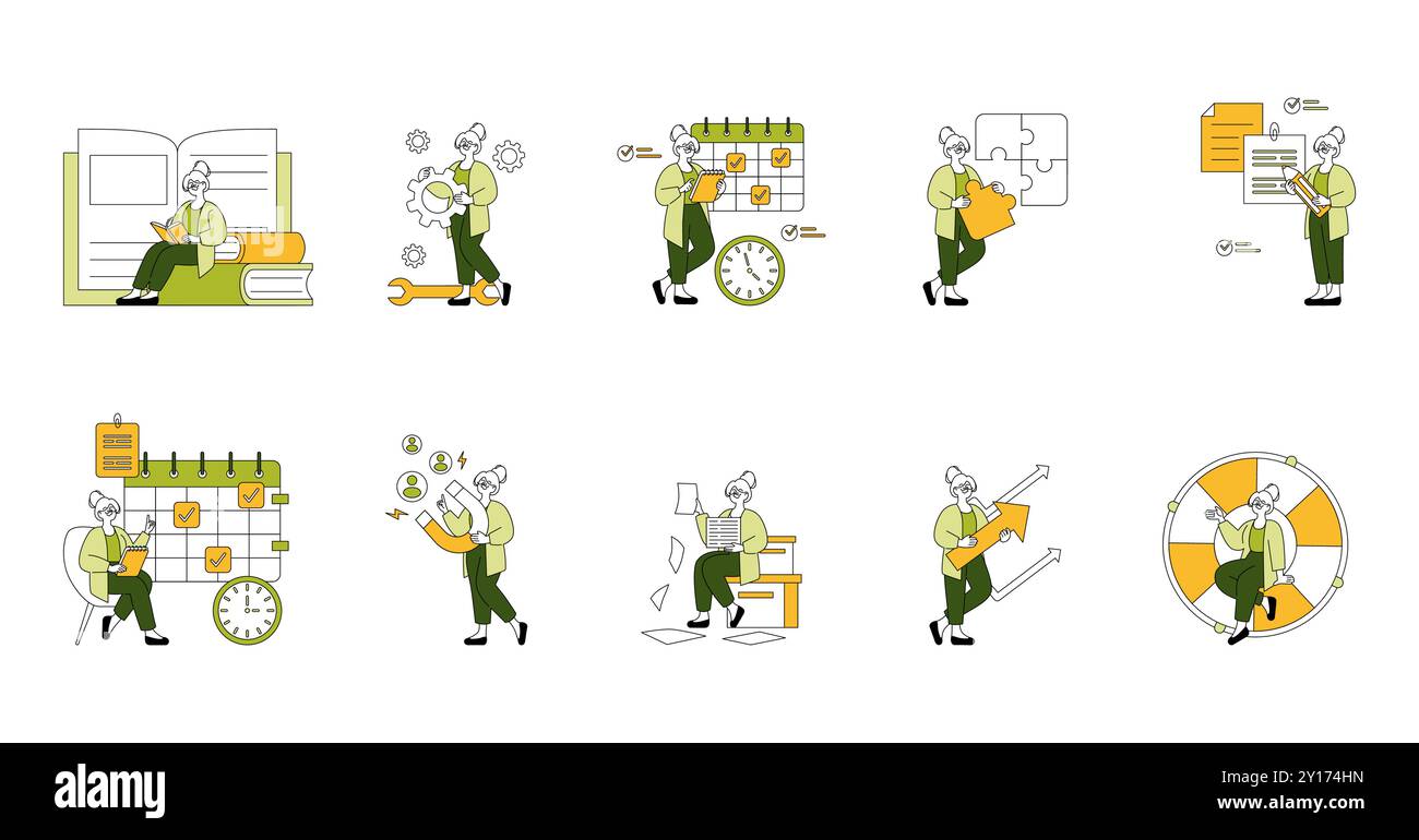 Businesswoman set. Professional woman in various work situations, from planning to multitasking ...