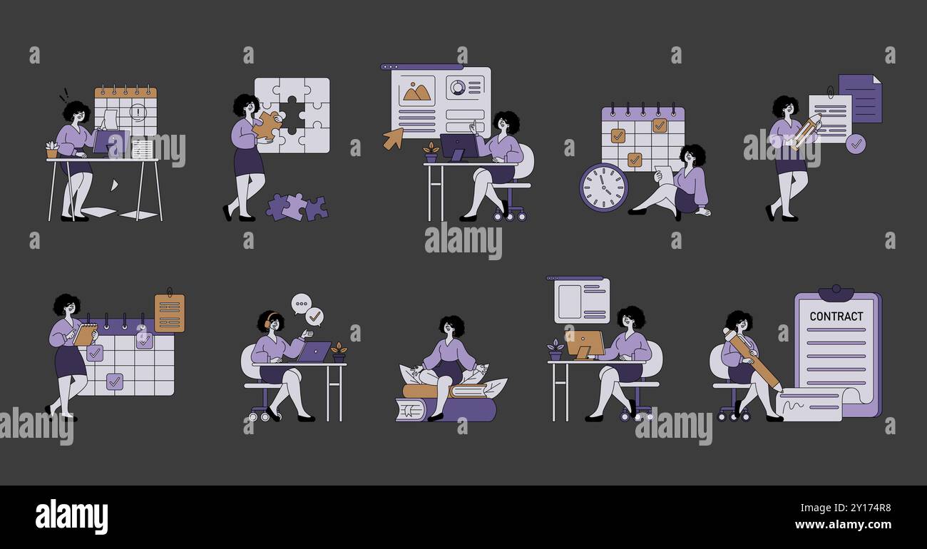 Business People set. Productive workday scenes, from planning to goal ...