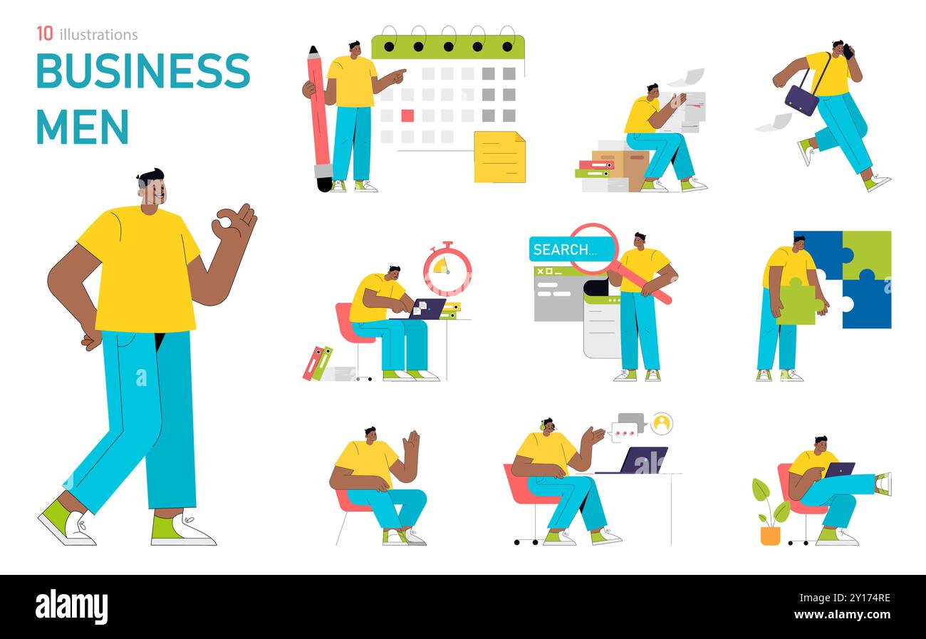 Businessman set. Diverse professional activities from planning to ...