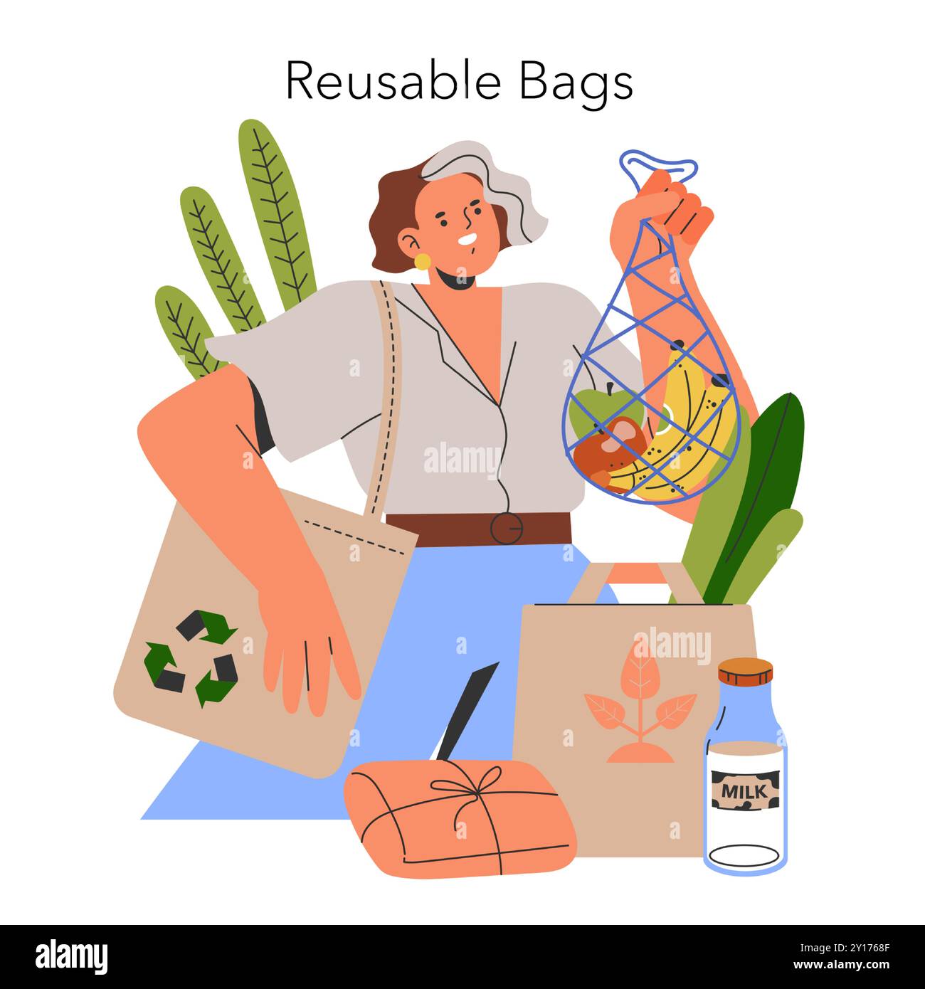 Sustainable Lifestyle concept. Woman promoting use of eco-friendly reusable bags amidst daily ...