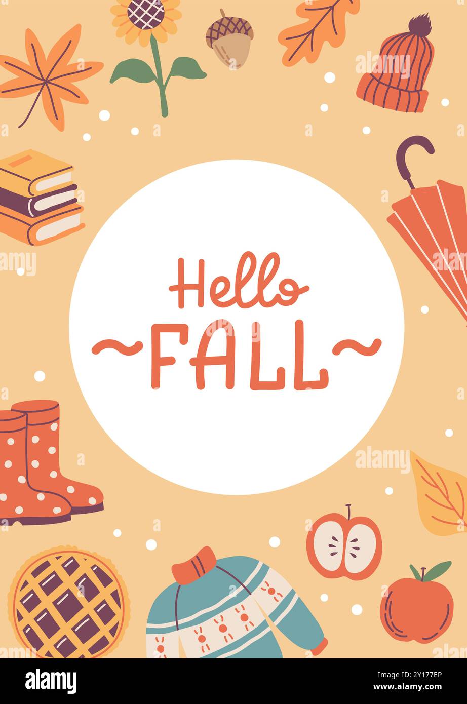 Hello fall card. Hand drawn calligraphy and cute seasonal elements ...